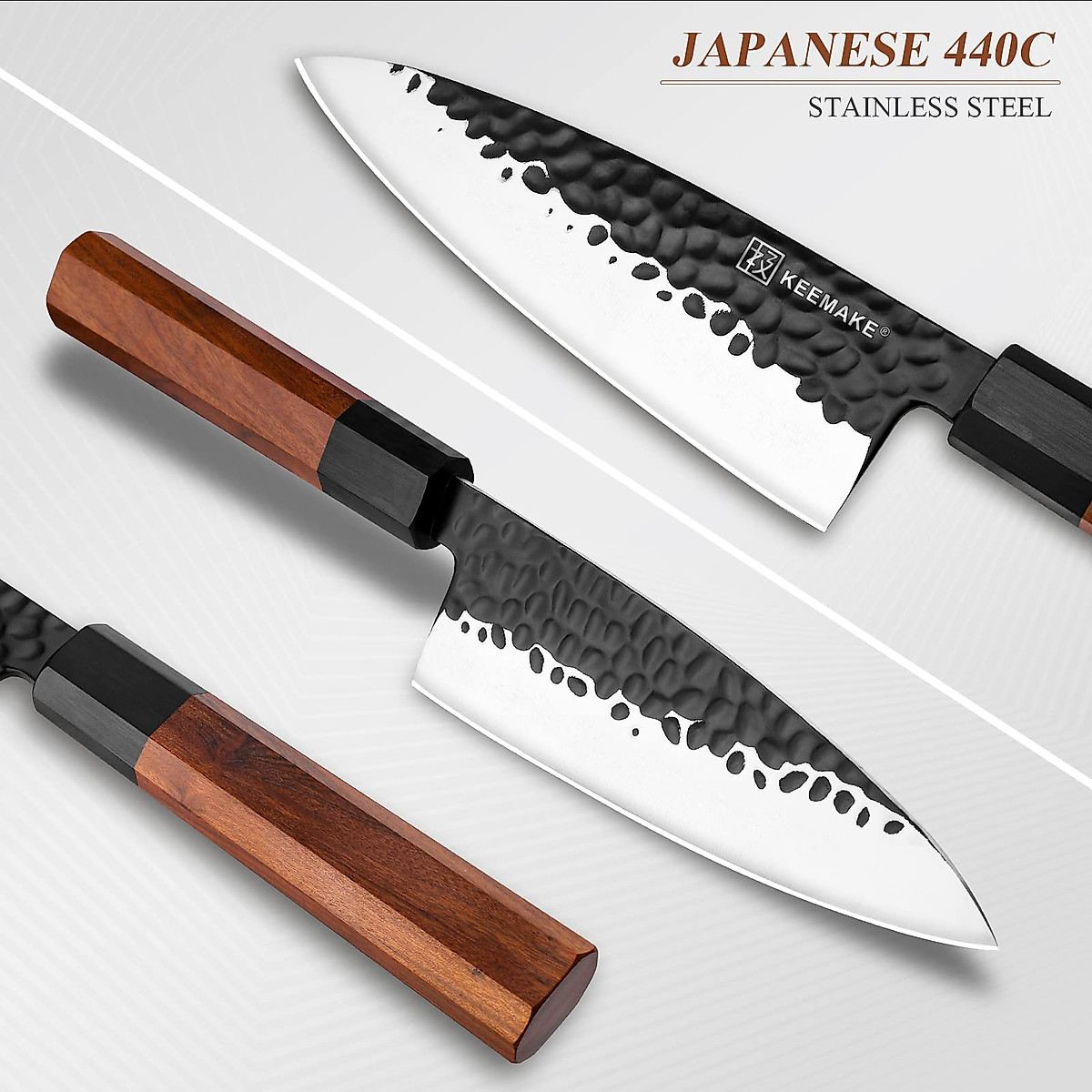 KEEMAKE Deba Knife 6 inch, Double Bevel Japanese 440C Stainless Steel Fish/Fillet Knife with G10 Bolster Octagonal Wood Handle