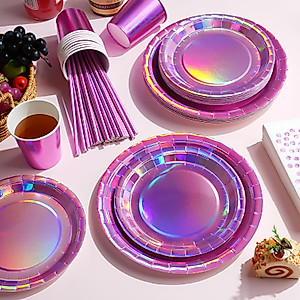 Iridescent Pink Party Supplies Decorations Serve 25, Hot Pink Holographic Paper Plates and Napkins Set, Disposable Pink Paper Plates Cups Knives Spoons Fork for Mermaid Disco Birthday Graduation Party