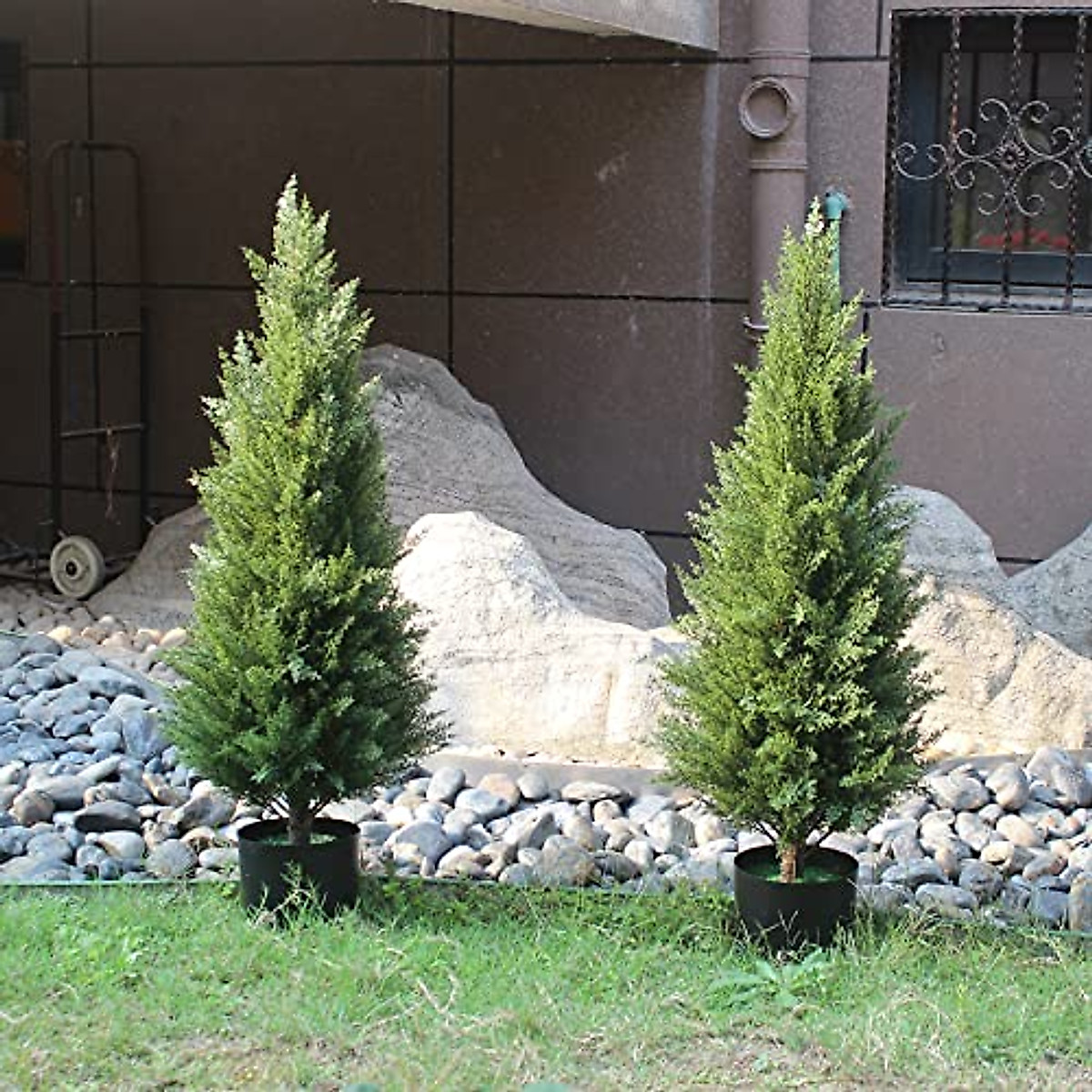 Two 3 Foot Artificial Topiary Cedar Trees Artificial Potted Shrubs UV Resistant Bushes Plants for Indoor Outdoor