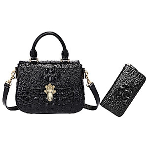 PIJUSHI Designer Genuine Leather Top Handle Satchel Handbag Bundle with Crocodile Leather Wristlet Wallet