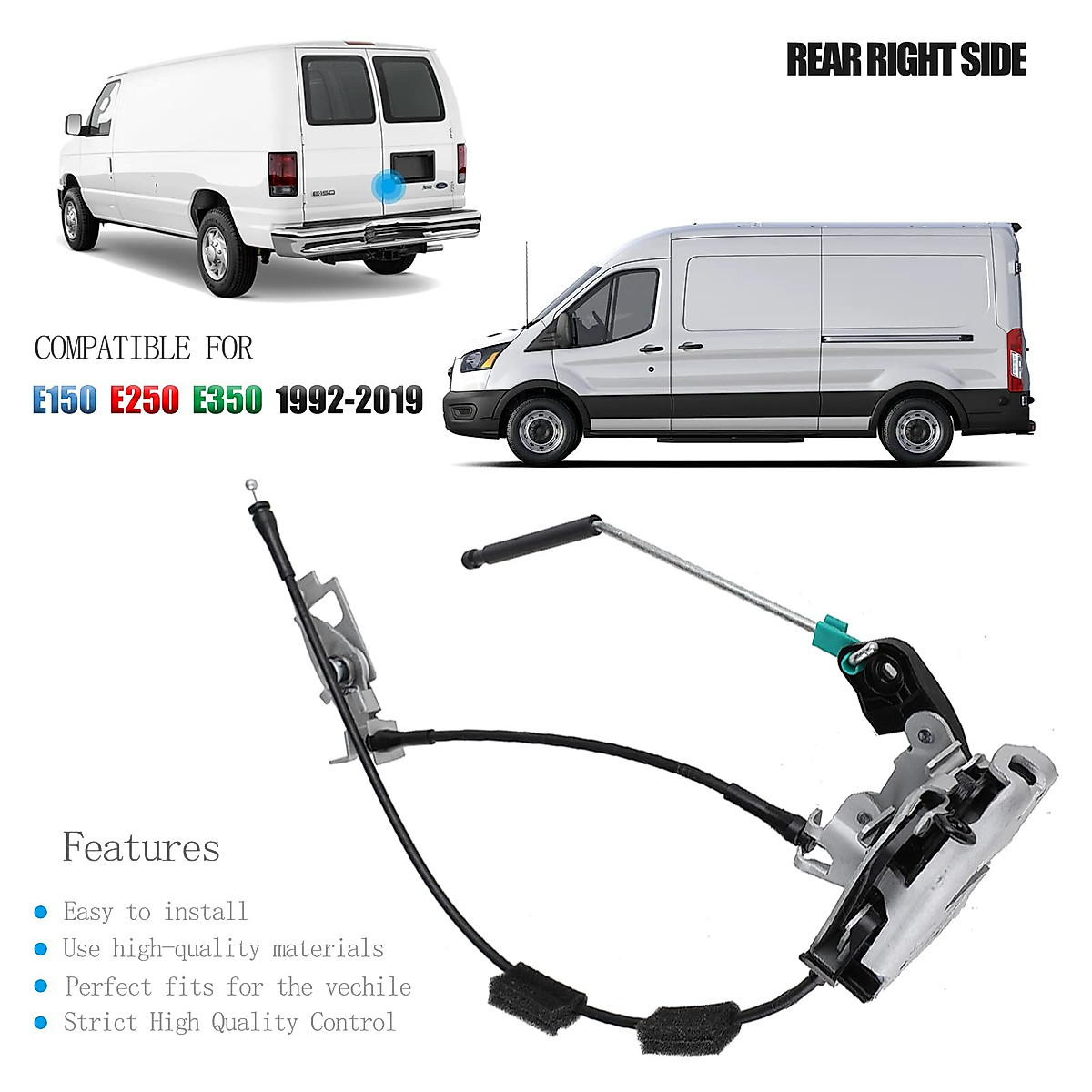 Unikpas Door Latch Assembly w/Cable & Rod Compatible for Ford E150 E250 E350 Van 1992-2019 Rear Right Side Replace Door Lock Latch Actuator AC2Z15431A02A 6C2Z-15431A02-AA