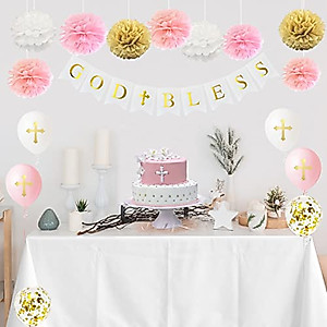 CHRORINE Baptism First Communion Confirmation Decorations for Girls, Mi Bautizo Decorations, God Bless Banner, Balloons- Pink Set
