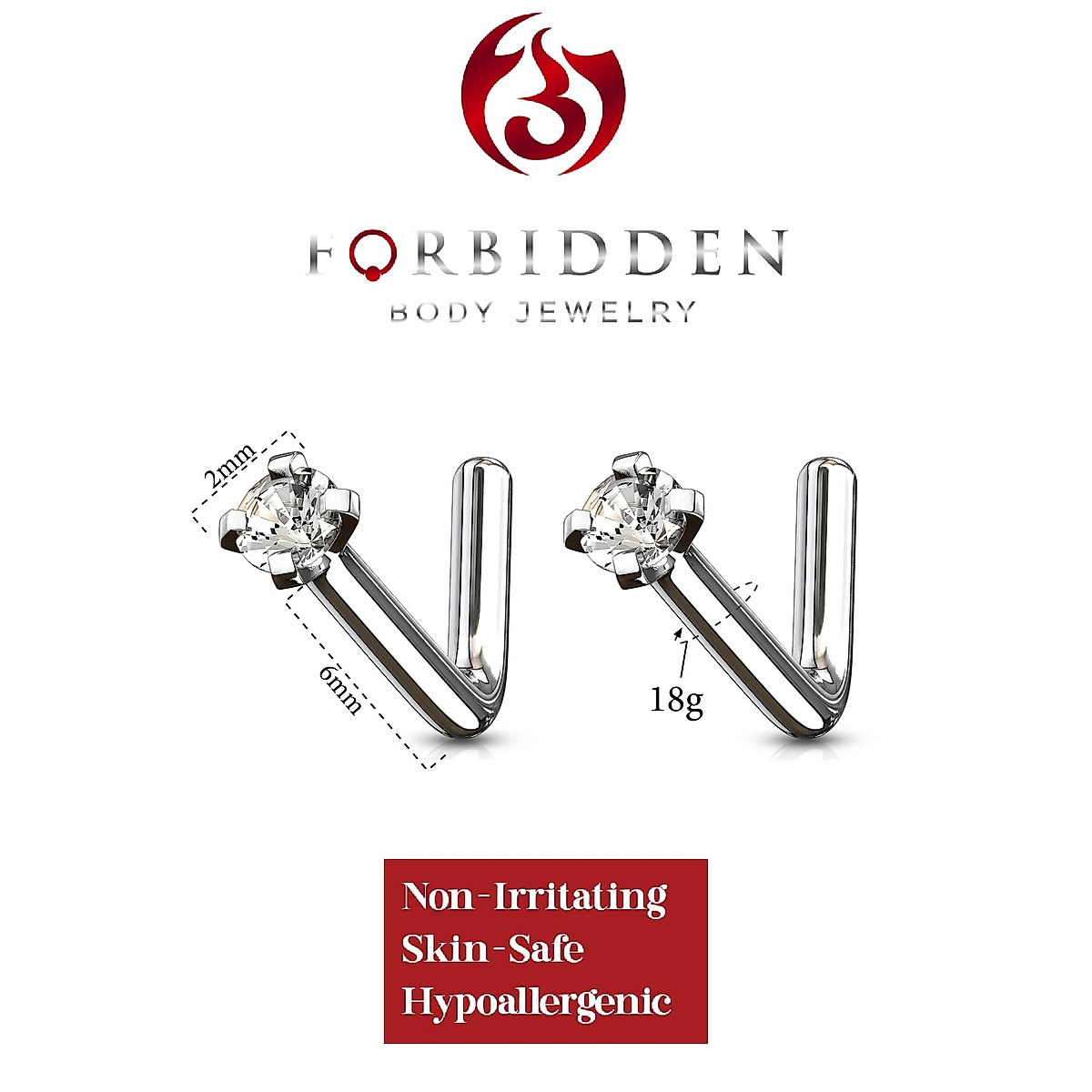 Forbidden Body Jewelry 18g Grade 23 Titanium 2mm Press Fit CZ L Shaped Nose Stud (2pcs)