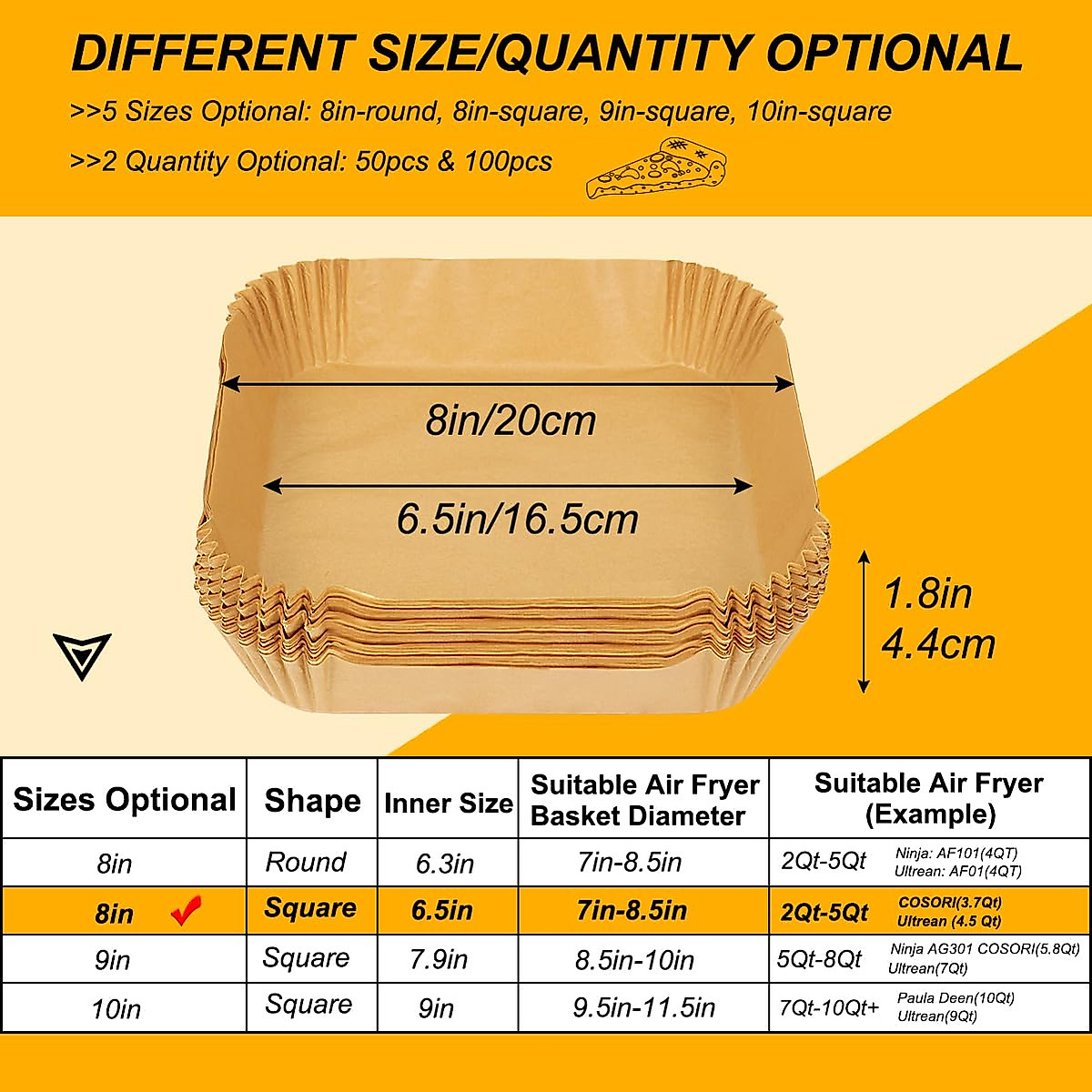 BYKITCHEN Square Air Fryer Disposable Paper Liners - Set of 100, Compatible with Cosori, Instant Pot, Dash Mini Air Fryer and More