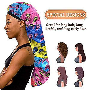 2Pcs Long Braids Satin Bonnet,Soft Comfortable Elastic Band Silky Satin Sleep Cap for Long Hair,Braids,Curly Hair,Night Sleep(Colorful Peacock)