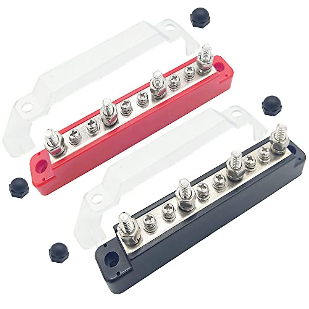 ROYFACC Bus Bar Power Distribution Block 4 x 1/4" Studs 6 x M4 Screw Terminal Block with Cover 150 Amp Rating for Car Boat Marine Caravan RV (Black + Red)