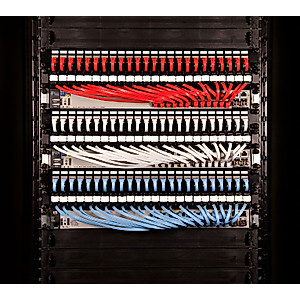 PATCHBOX® Plus+ Cat.6a - 24-Port Patch Panel with Retractable Cable Management System for 19” Racks, Includes Flat 10GB Cables and Cassettes, Easy Network and Server Setup (UTP, Blue, 1.8m / 8RU)