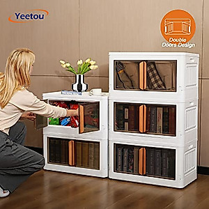 Storage Bins with Lids - 5 Packs Collapsible Storage Bins with Wheels 20 Gal Stackable Plastic Storage Bin Organizer with Double Doors & Secure Buckle, X-Large Storage Containers for Home Organizing Clothes, Clear Tan Color Door(80 Quart/20 Gal)