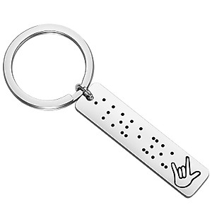 BEKECH ASL Jewelry Gifts I Love You in Braille Engraved Keychain Hand Sign Language Jewelry Gift for Her Him Wife Husband (silver)