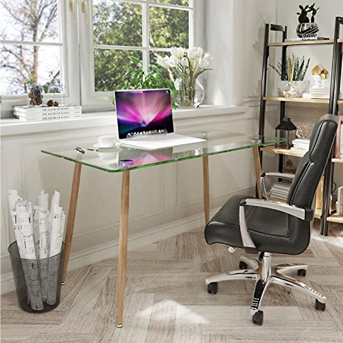 Tangkula Glass Dining Table, Modern Rectangular Table with Spacious Tempered Glass Tabletop & Wood Grain Steel Legs, Simplistic Kitchen Table, 51 x 27.5 x 29.5 Inch, Versatile Table for Home Office