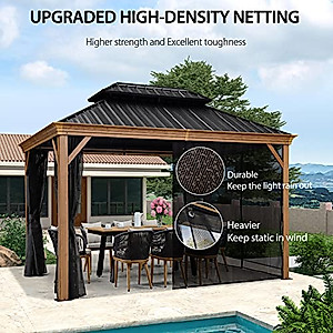 PURPLE LEAF 10' X 12' Outdoor Hardtop Gazebo for Patio Galvanized Steel Double Roof Permanent Canopy Teak Finish Coated Aluminum Frame Pavilion Gazebo with Netting