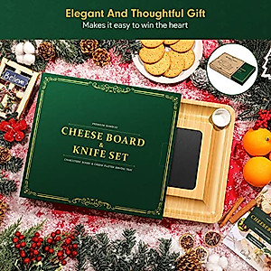 Easoger Large Charcuterie Board (28"×13"×1.6") with 2 Drawers, Bamboo Cheese Board with Knife Set, 2 Ceramic Bowl, Cutting Protection Natural Slate and Non-slip Feet, ideal for Housewarming Gift