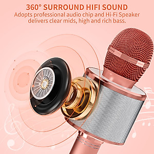 GIFTMIC Kids Microphone for Singing, Wireless Bluetooth Karaoke Microphone for Adults, Portable Handheld Karaoke Machine, Toys for Boys and Girls Gift for Birthday Party (Rose Gold)