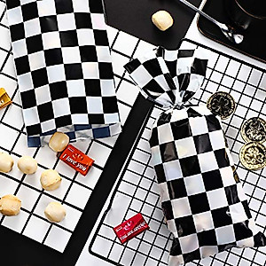100 Pieces Cellophane Car Candy Bags Black White Checkered Racing Treat Bags Plastic Race Gift Goodie bags Food Storage Bags for with 100 Pieces Silver Twist Ties for Cars Birthday Party Decorations