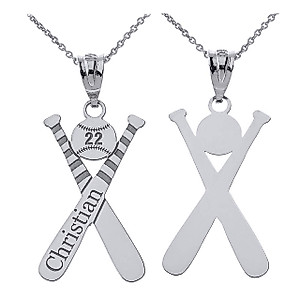Certified 14k White Gold Personalized Baseball and Baseball Bat Cross Sports Necklace with Your Name and Number, 18"