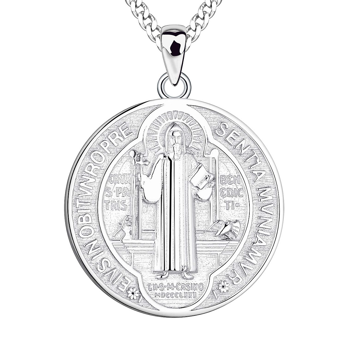 FJ Saint Benedict Necklace 925 Sterling Silver, NR Cross Protection Pendant,Round Coin Antiqued Religious Protector Talisman Pendant