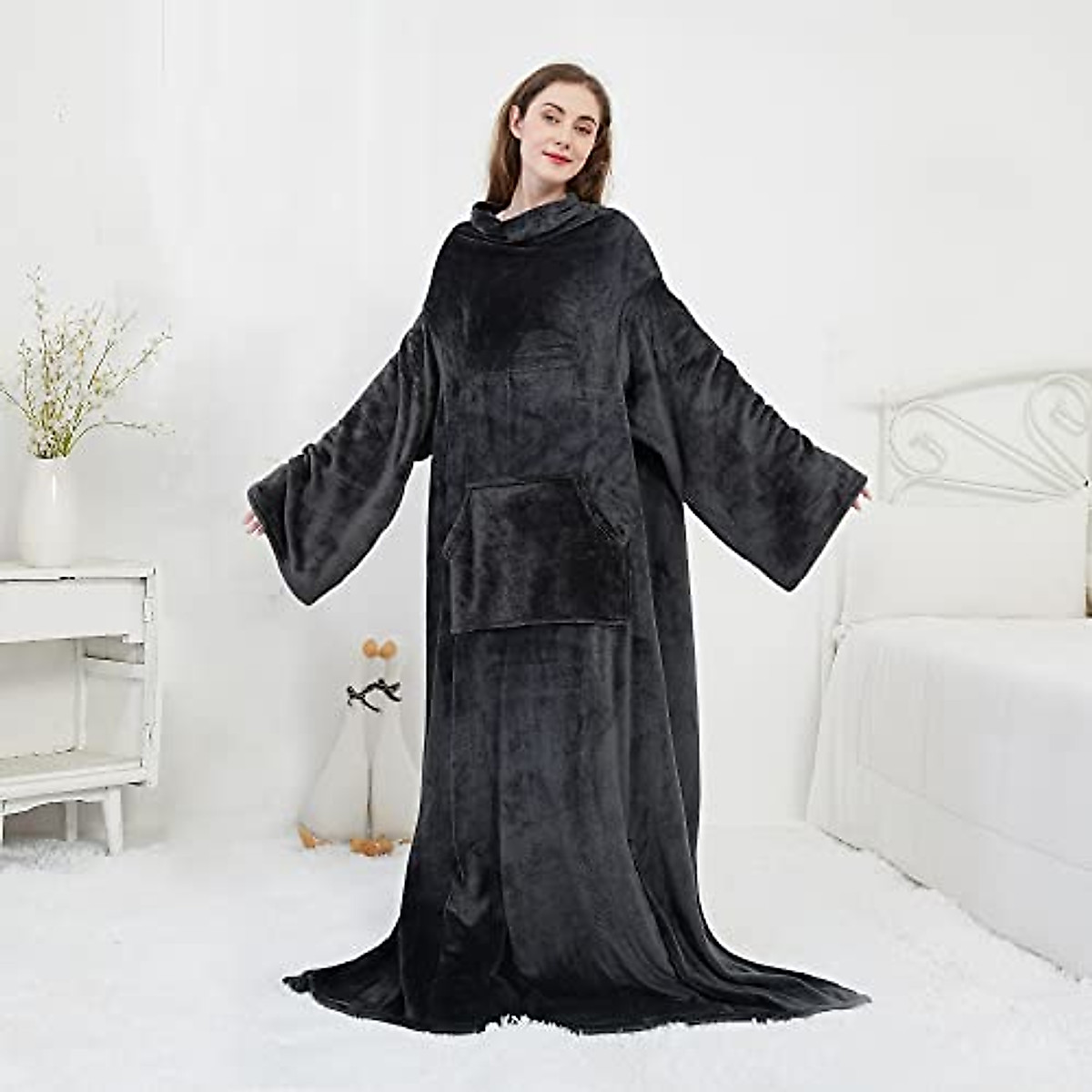 Fleece Wearable Blanket with Sleeves and Foot Pocket for Adult Women Men, Plush Throw with Adjustable Hook & Loop for Lounge Couch Reading Watching TV 79" x 67" Charcoal