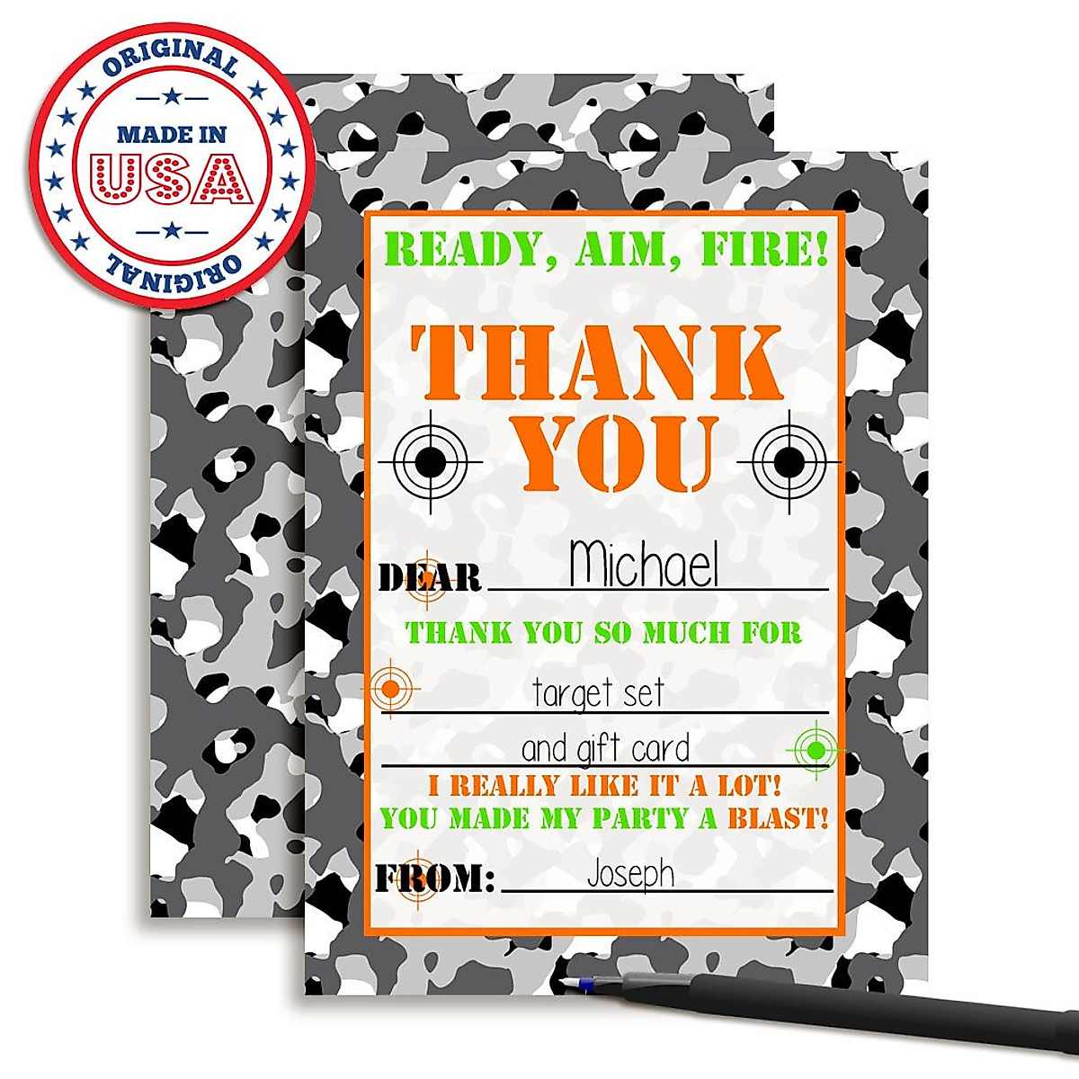 Camouflage Laser Tag Birthday Thank You Notes for Kids, Ten 4" x 5.5" Fill In the Blank Cards with 10 White Envelopes by AmandaCreation