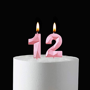 2 inch Pink 12 & 21 Birthday Candles, 3D Diamond Number 12th & 21st Cake Topper for Boys Girls Birthday Party Decorations Theme Party
