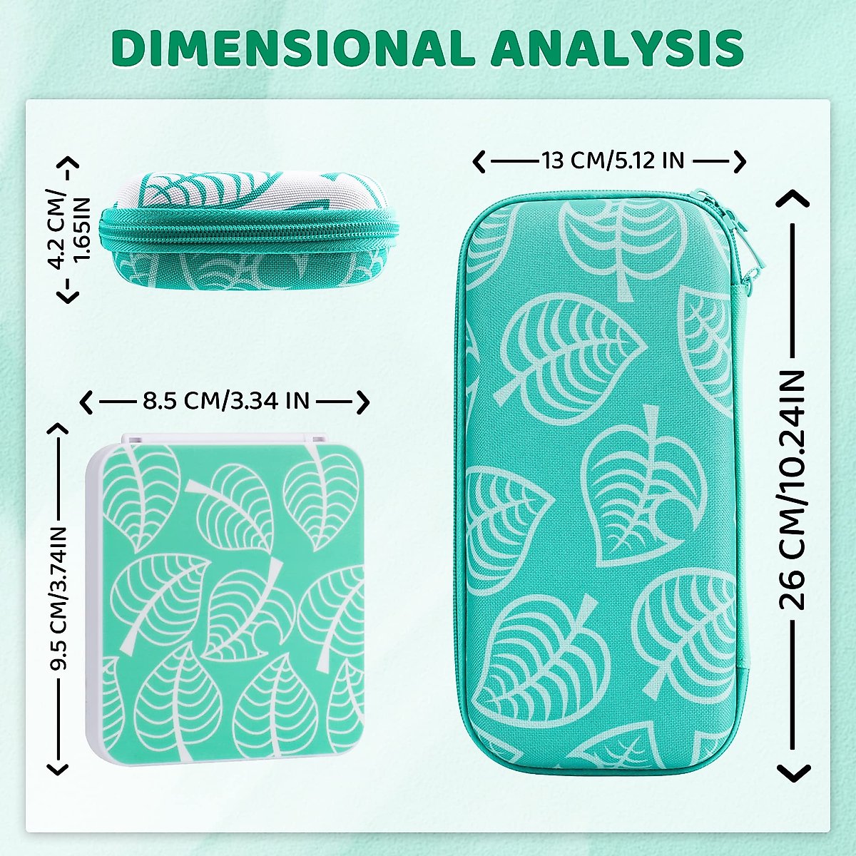 FUNDIARY Green Travel Carrying Case for Nintendo Switch and Switch OLED with Animal Crossing Leaf Design, Shockproof Accessories with Portable Storage Bag, Game Card Case, Handle Strap & 2 Thumb Caps
