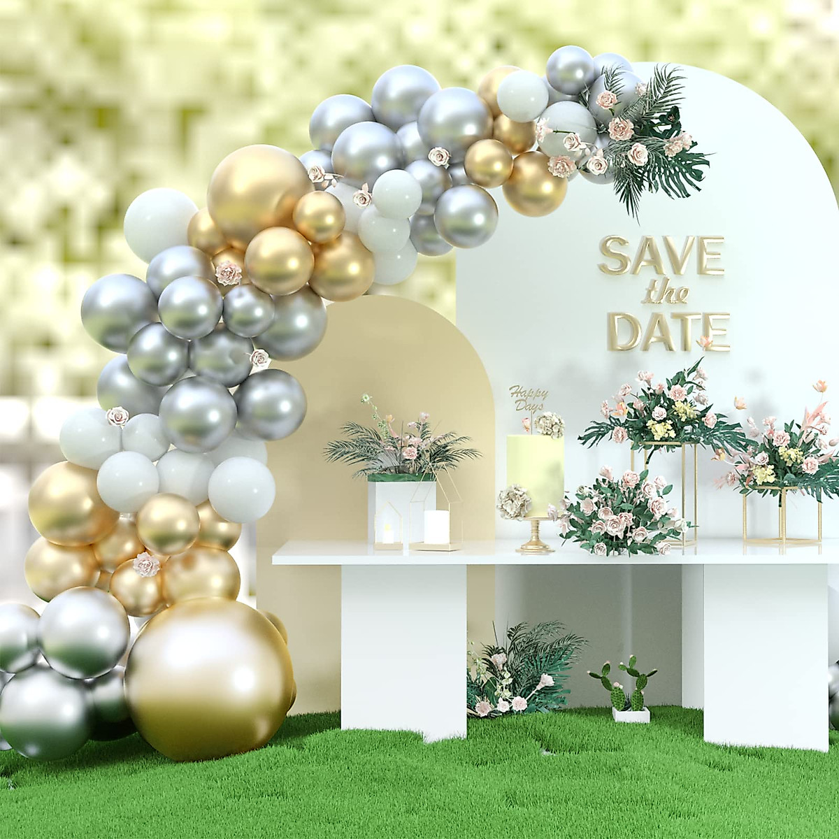 FEPITO 108 Pcs White and Gold Silver Balloon Garland Arch Kit 5 10 12 18 Inches Metallic Gold Silver White Balloons for Birthday Wedding Bridal Baby Shower Graduation Party Decorations