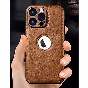 SunRemex for iPhone 14 Pro Max Case with Tempered Glass Screen Protector, Non-Slip Grip Vegan Leather Classic Luxury Elegant Thin Cover for iPhone 14 Pro Max(6.7") (Brown)