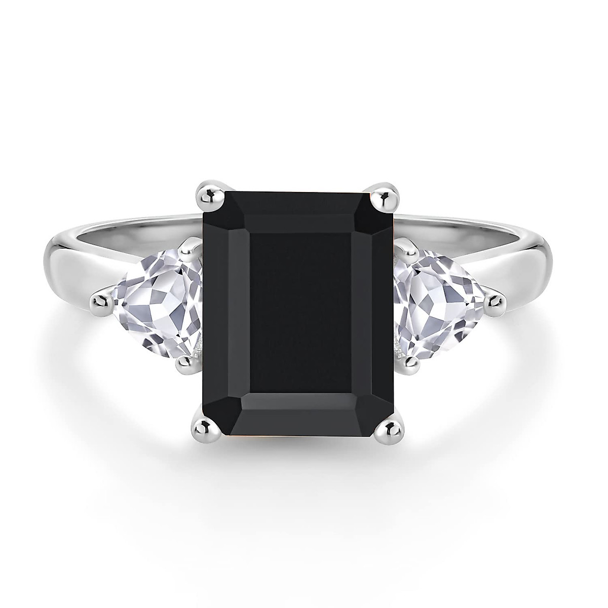 Gem Stone King 10K White Gold Black Onyx and White Created Sapphire 3-Stone Engagement Ring | 2.74 Cttw | Emerald Cut 9X7MM | 3 Stone Wedding Anniversary Promise Ring For Women (Size 8)
