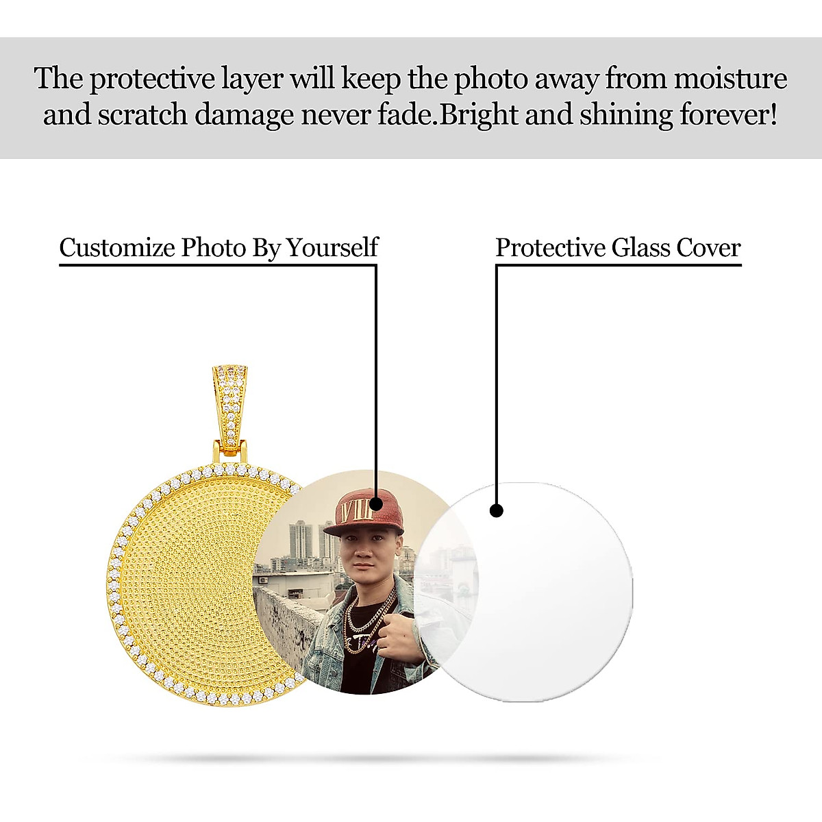 YIMERAIRE Custom Photo Necklace Personalized Picture Frame Necklace Blank Pendant for Women Round Memory Pendant Necklace with Rope Chain Hip Hop Jewelry for Men