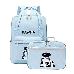 e-youth Women Girls Cute Panda School Backpack with Lunch Box Japanese & Korean Style Canvas Bags (Blue)