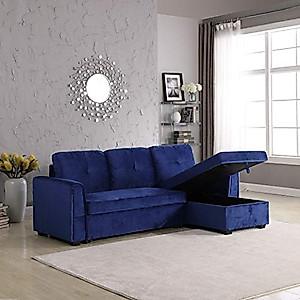 Velvet Storage Reversible Sectional Sofa bed Sleeper Velvet Chaise Storage Reversible Sofa Bed Sleeper Sectional, 91", Blue