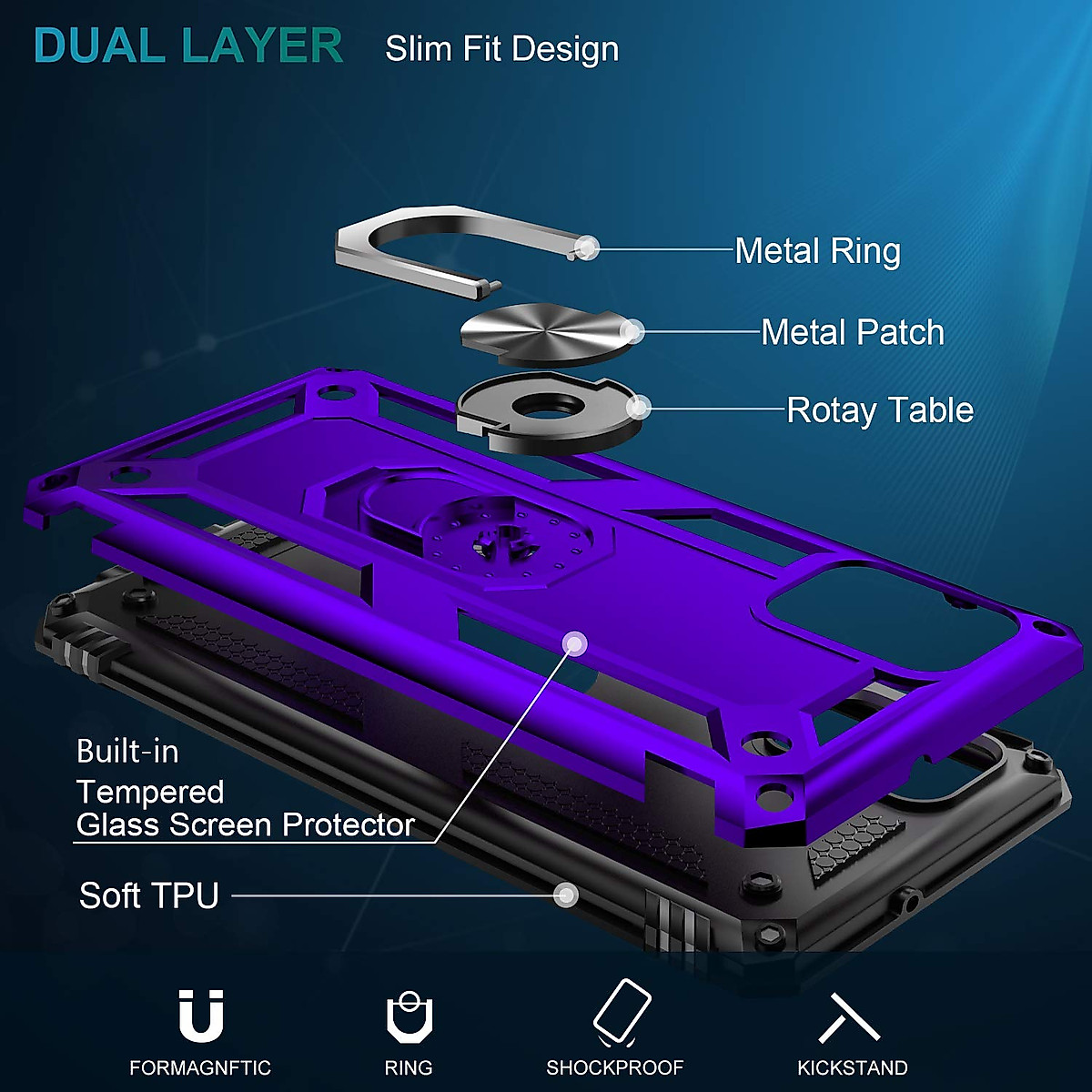 LUMARKE for Galaxy A51 Case with Screen Protector（2 Pack,Pass 16ft Drop Test Military Grade Heavy Duty Cover with Magnetic Kickstand,Protective Phone Case for Samsung Galaxy A51 Purple