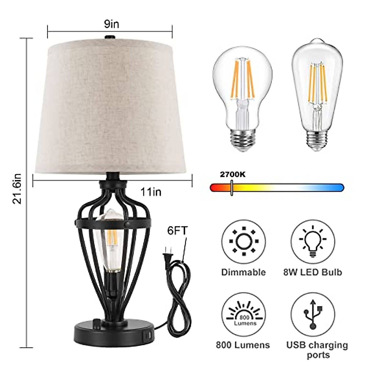 TRLIFE Table Lamps, Set of 2 Fully Dimmable Table Lamps with 2 USB Ports Nightstand Lamps with Fabric Lampshade for Living Room Bedroom(4 Dimmable Bulbs Included)