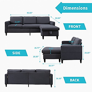 CECER 86" Convertible Sectional Sofa Couch, 3 Seaters L Shape Sofa with Movable Ottoman and Side Pockets for Storage, Linen Upholstered Sofa for Living Room, Apartment, Small Space - Dark Grey