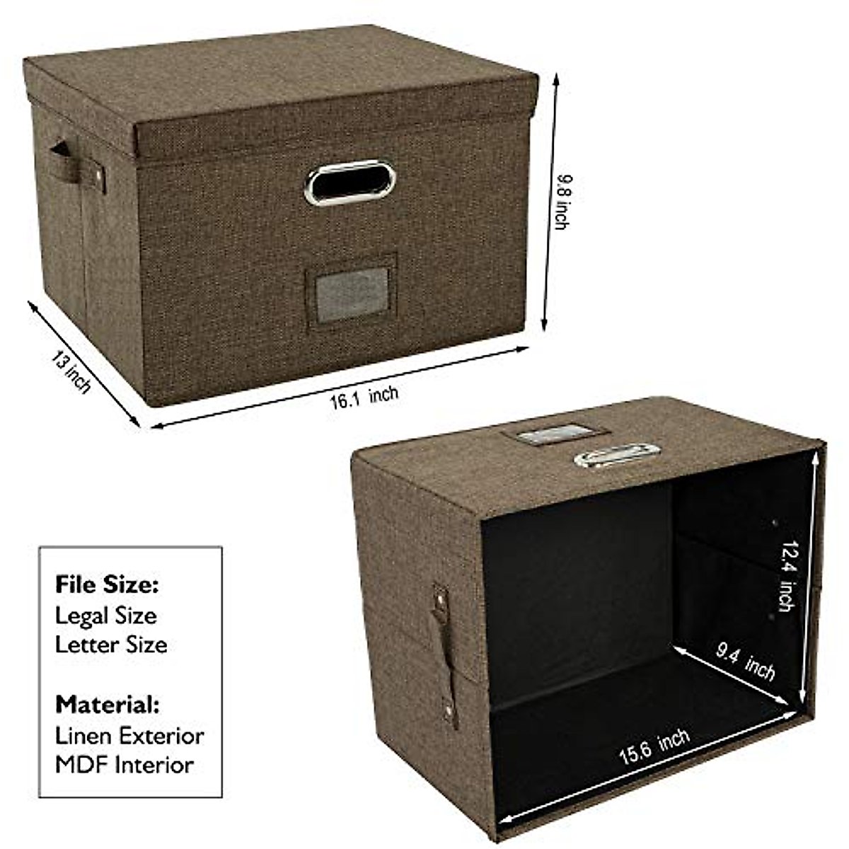 JSungo File Box with 5 Hanging Filing Folders, Document Organizer Storage for Office, Collapsible Linen Storage Box with Lids, Home Portable Storage with Handle, Letter Size Legal Folder, Brown