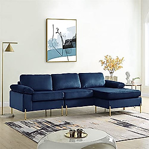 Devion Furniture Modern Velvet Sectional Sofa in Blue/Gold Legs