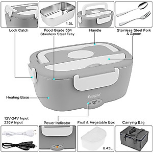 ErayLife Electric Lunch Box Food Heater 75W, Heated Lunch Box for Adults 12V/24V/110V for Car Truck Work, Upgraded Leak Proof Portable Food Warmer Heating Lunch Box 1.5L Stainless Steel Container