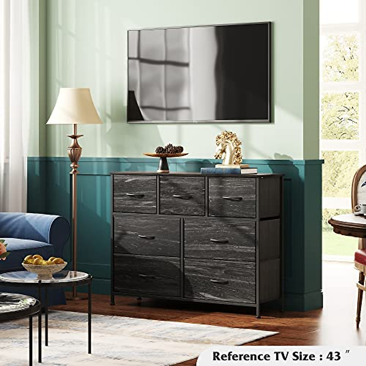 WLIVE Dresser TV Stand, Entertainment Center with Fabric Drawers, Media Console Table with Metal Frame and Wood Top for TV up to 45 inch, Chest of Drawers for Bedroom, Charcoal Black Wood Grain Print