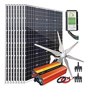 1360W 24V Solar Panel Wind Turbine Generator Kit with 1000W Peak 2000W Power Inverter & 400W Windmill & 8pcs 120W Mono Solar Panel & Hybrid Charge Controller