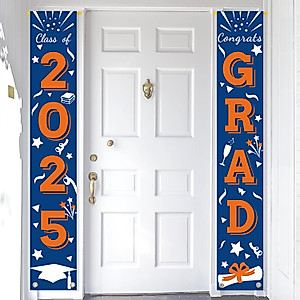 Graduation Porch Banner Class Sign Congrats Grad Hanging Flags High School College University Party Decoration For Front Door Outdoor Blue Orange