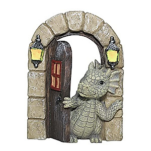 Dragon Garden Ornament Resin Craft Ornament Statue Fairy door for wall Fairy door Yard art outdoor and garden Solar Light Luminous Sand Open Door Dragon Wall Statue Outdoors Decor (Open the door)