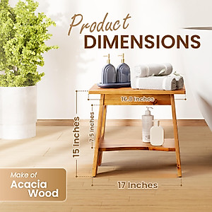 TINAMO 15" Acacia Wood Shower Benches for Inside Shower - Wooden Stool for Adults, Kid - Shower Stool Waterproof for Shaving Legs - Bench Seat with Storage Towel Shelf for Bathroom (18 Inch Height)