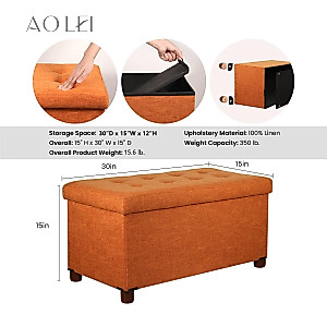 Ao Lei 30 Inches Storage Ottoman Bench, Storage Bench with Wooden Legs for Living Room Ottoman Foot Rest Removeable Lid for Bedroom End of Bed, Linen Fabric, Orange