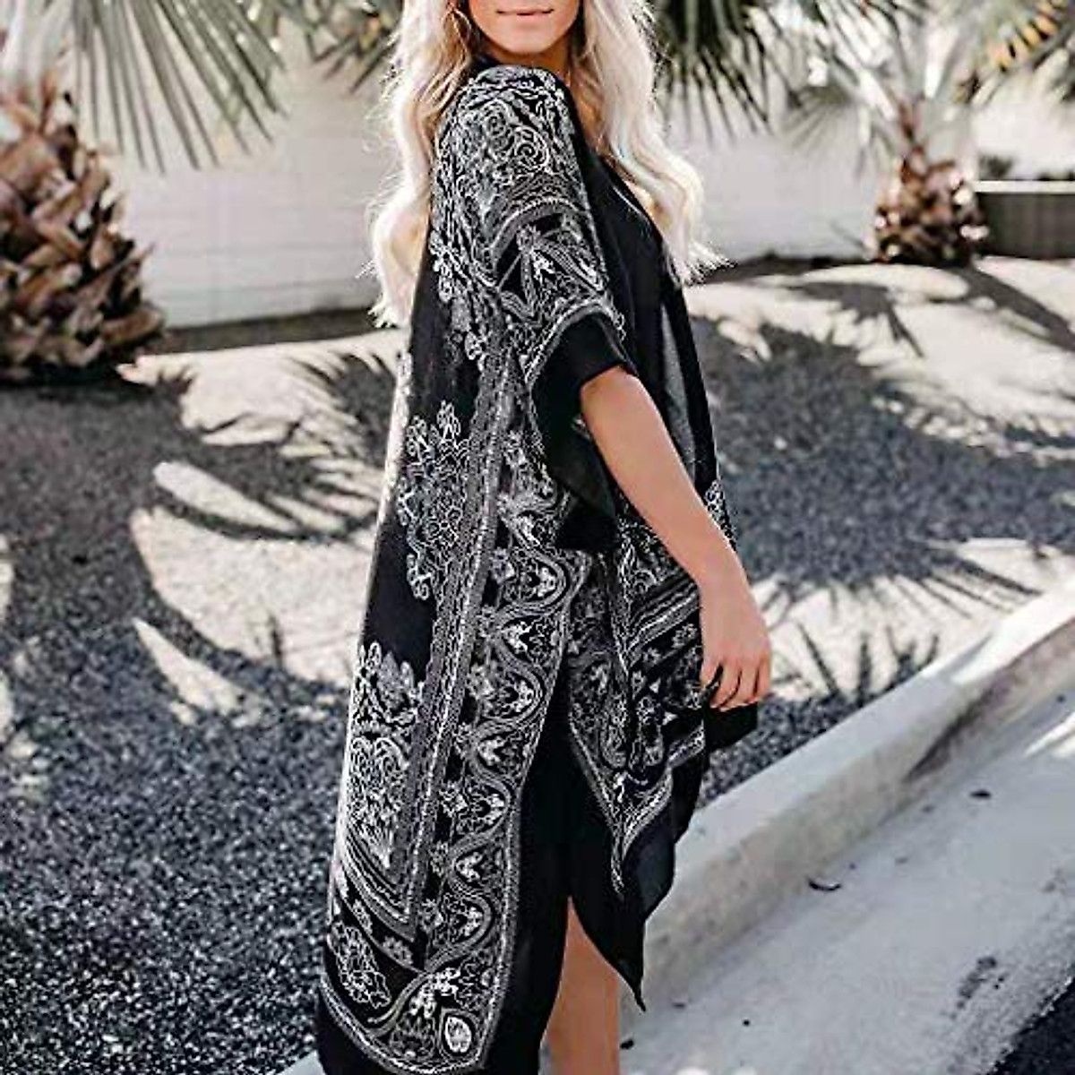 Sunyastor Women's Sheer Chiffon Floral Kimono Cardigan Long Blouse Loose Tops Outwear Short Sleeve Summer Cover ups