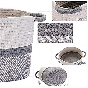 Hinwo Oval Cotton Rope Storage Basket Collapsible Nursery Storage Box Container Organizer with Handles, 13 x 10 inches, Off White and Grey