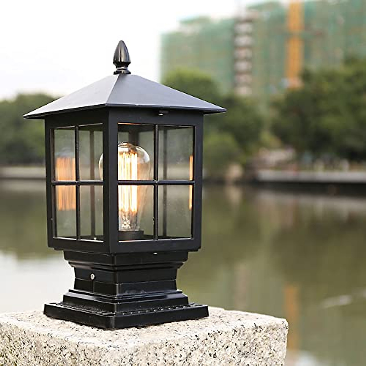 CZLZY European Style E27 Pillar Lamp Outdoor Courtyard Fence Post Light Waterproof IP54 Glass Lampshade Garden Lawn Decoration Column Light Base Landscape Light Pillar Pole Lamp