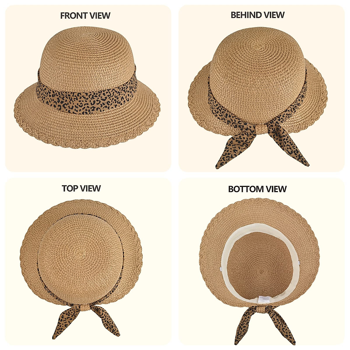 Girls Straw Sun Hat Kids Summer Beach UV Protection Hats Toddler Baby Childrens Little Girl Ages 3 4 5 6 7 8 9 10 Years Khaki Leopard Wide Brim Foldable Sunhat with Chin Strap Cute Bow Ponytail Cap