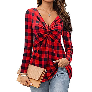 Bulotus Red and Black Plaid Tops for Women, Christmas Tops for Women Dressy Fashion 2022 Long Sleeve Sexy V Neck Shirts for Work Women's Fall Tunics to Wear with Leggings, Red Black Plaid, M