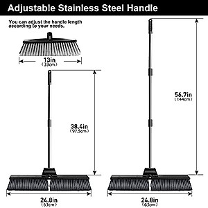 ZNM Push Broom Outdoor 24.8 inch Heavy Duty Broom with Stiff Bristles & 56.7" Long Handle, Garage Brooms for Sweeping Shop, Deck, Yard, Patio, Garden, Concrete Floor, 2 Brush Heads