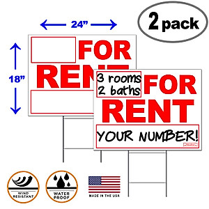 FOR RENT Yard Signs Double Sided Prints on 24" x 18" Corrugated Plastic Lawn Sign + Heavy Duty H-Stakes Wire Stand (2)
