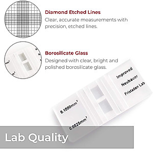 American Fristaden Lab Improved Neubauer Hemocytometer, Diamond Etched Blood Cell Counting Chamber, High-Light Transmission Glass with Hemocytometer Coverslips